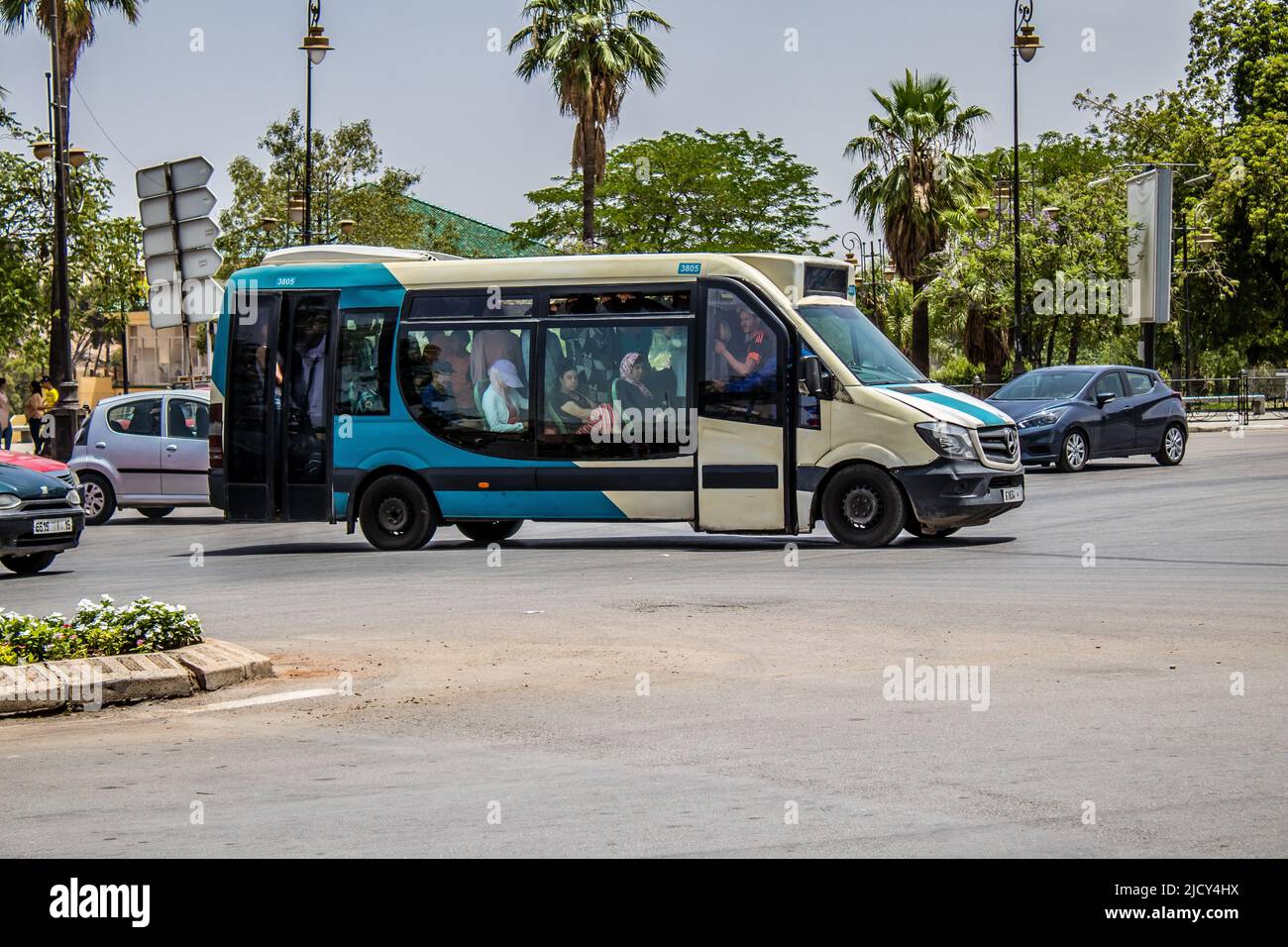 Fez, Morocco - June 14, 2022 Bus driving through the streets of Fez ...