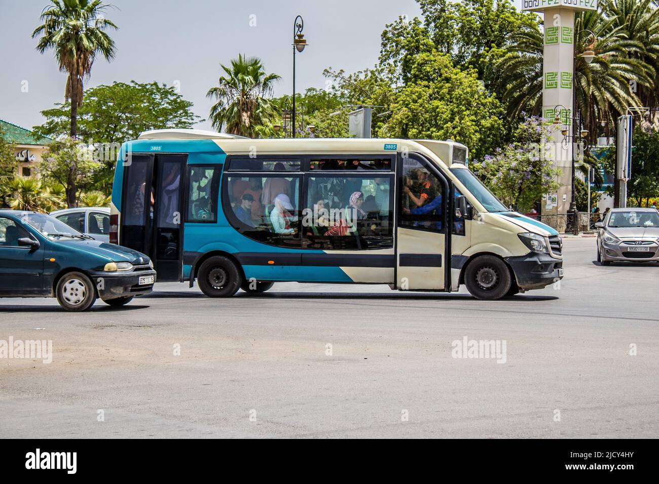 Fez, Morocco - June 14, 2022 Bus driving through the streets of Fez ...