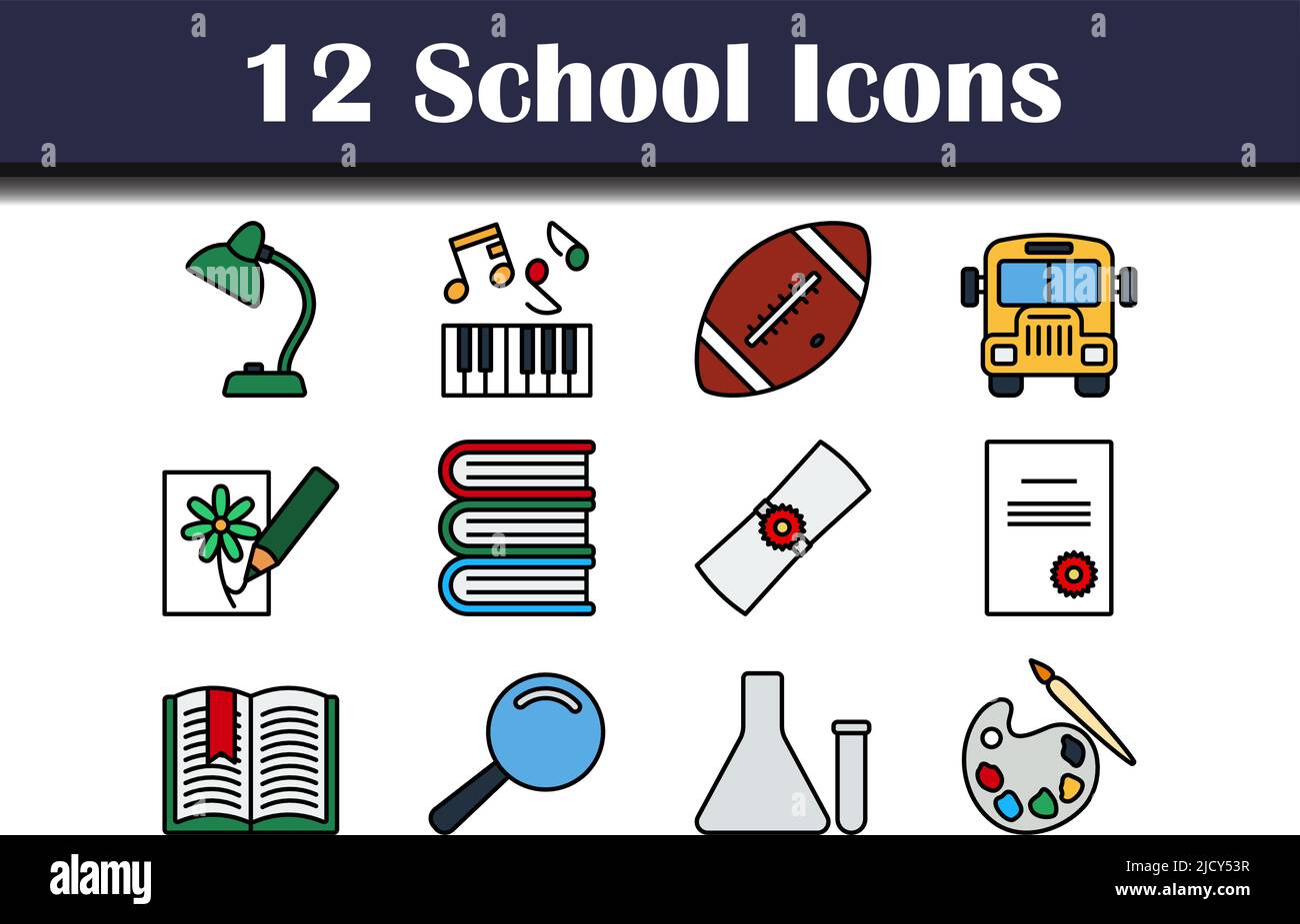 School Icon Set. Editable Bold Outline With Color Fill Design. Vector ...