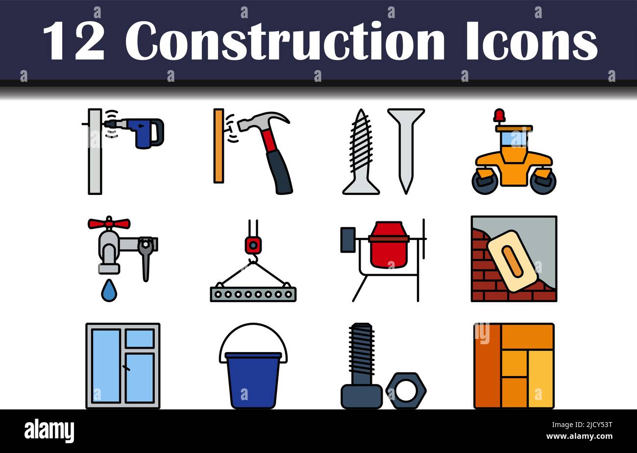 Construction Icon Set. Editable Bold Outline With Color Fill Design ...