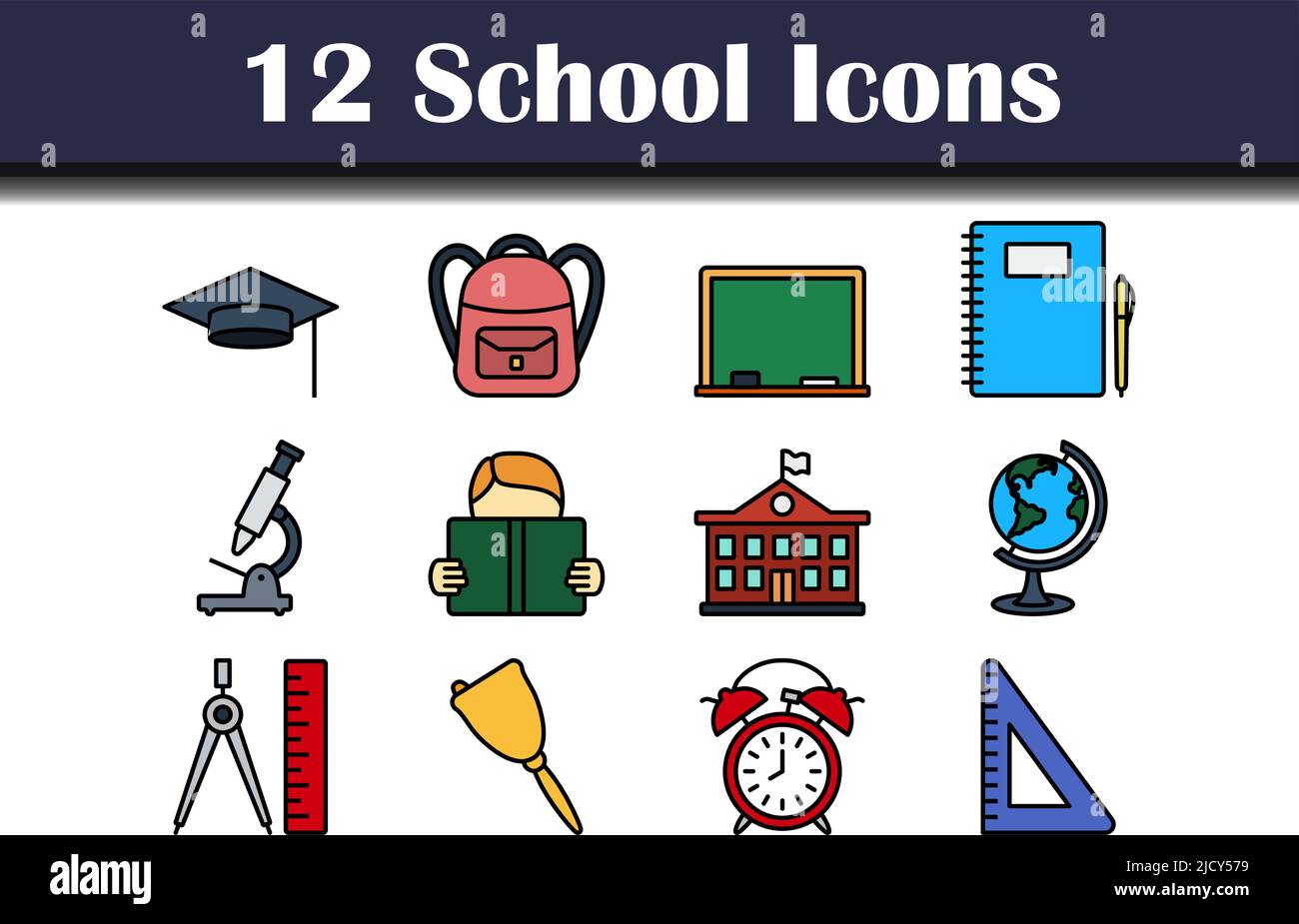 School Icon Set. Editable Bold Outline With Color Fill Design. Vector ...