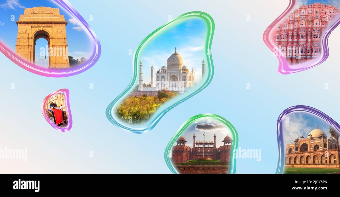 Humayun's Tomb, India Gate, Taj Mahal and Red Fort in one collage of ...