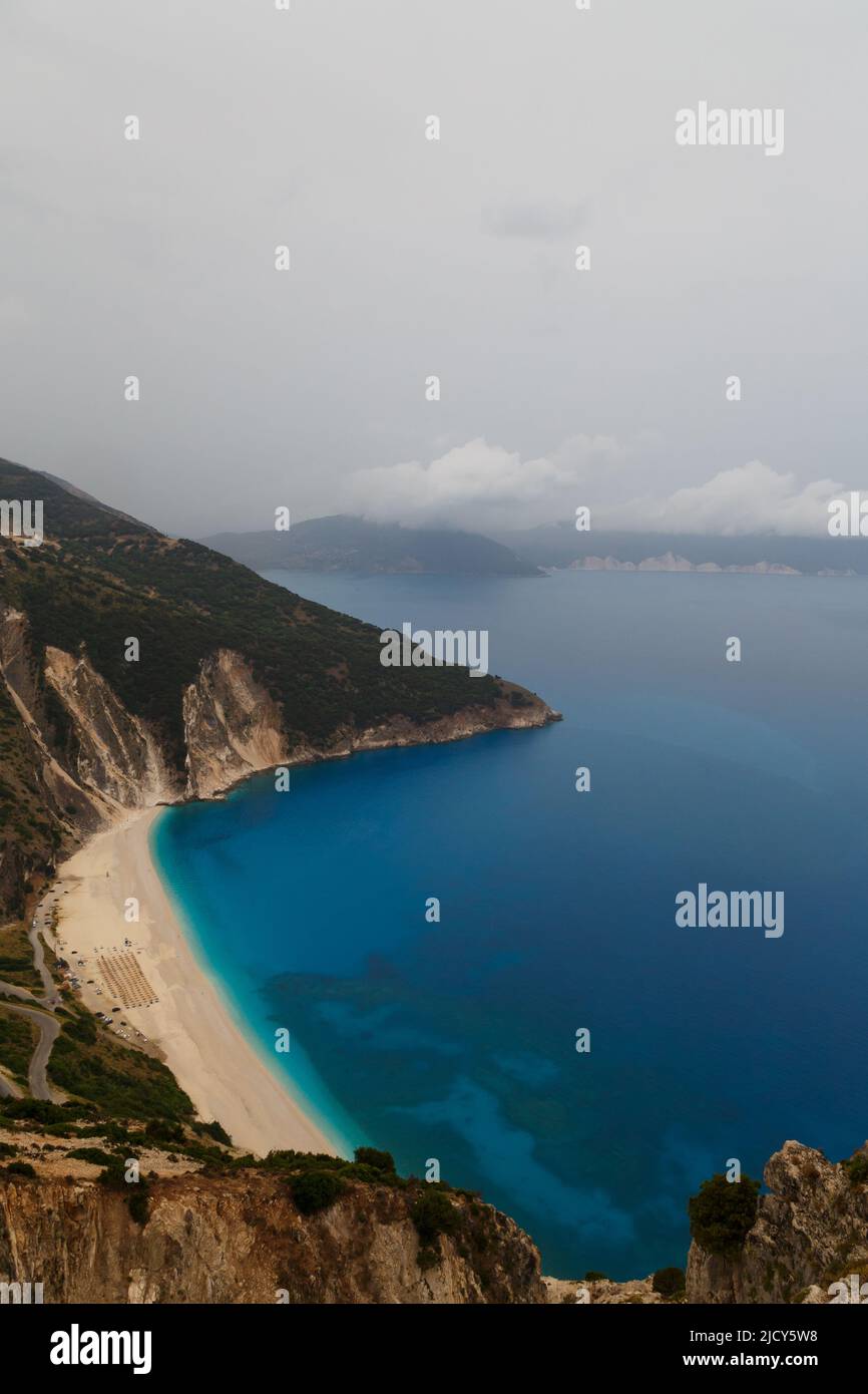 Top view at Myrtos Beach from road during bad weather conditions ...