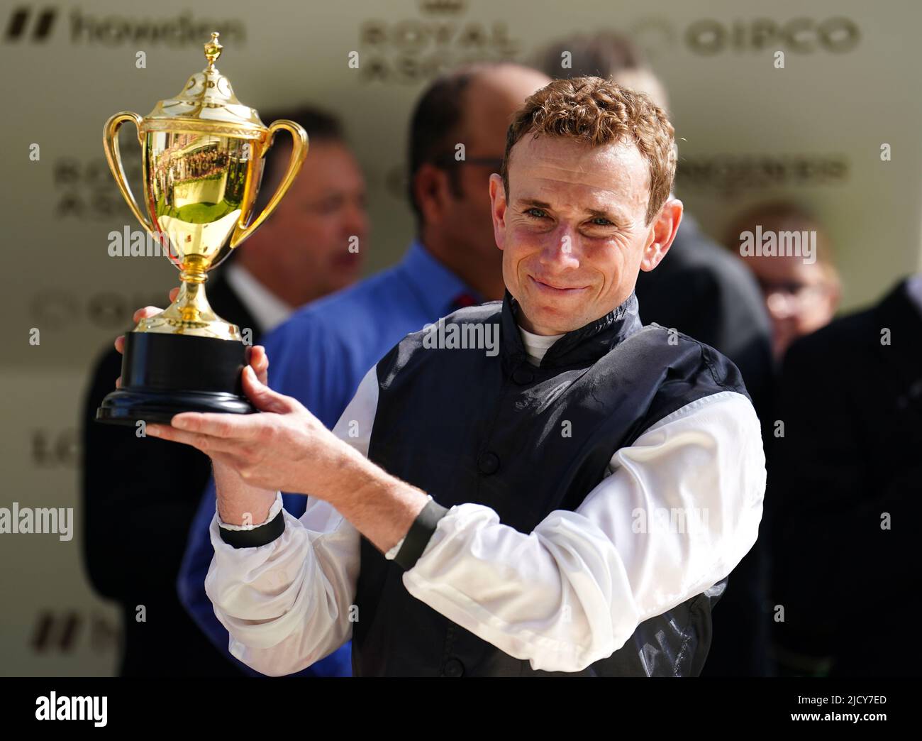 Ryan Moore with the trophy after winning the Gold Cup on Kyprios during ...