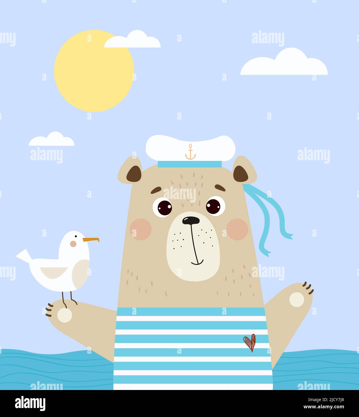 Cute bear sailor in striped vest and hat with seagull at sea. Vector ...