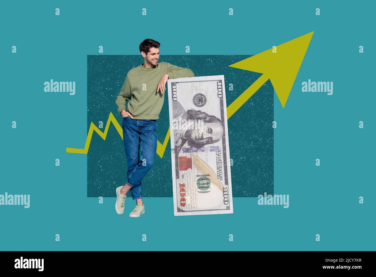 Full body collage photo of wealthy man watch currency grow up happy to ...