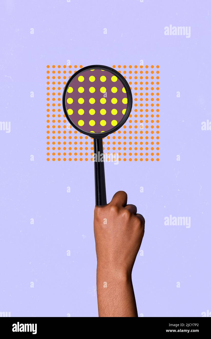 Vertical composite picture of human hand magnifier lens instead finger ...