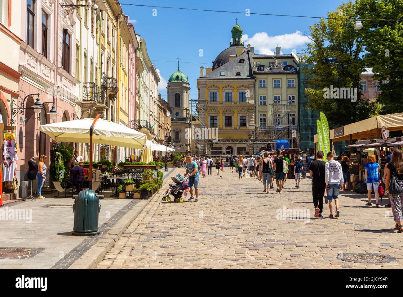 Lviv, Ukraine - 09 June 2018: Traditional buildings in a cobblestone ...