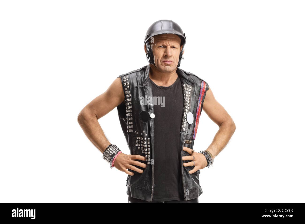 Male biker with a helmet with a grumpy face isolated on white ...