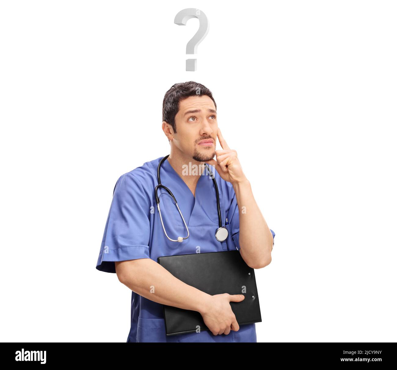 Doubtful young doctor holding a clipboard and thinking isolated on ...