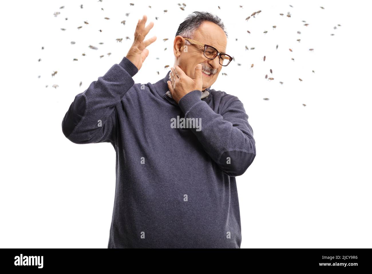 Swarm of bees attacking a mature man isolated on white background Stock ...
