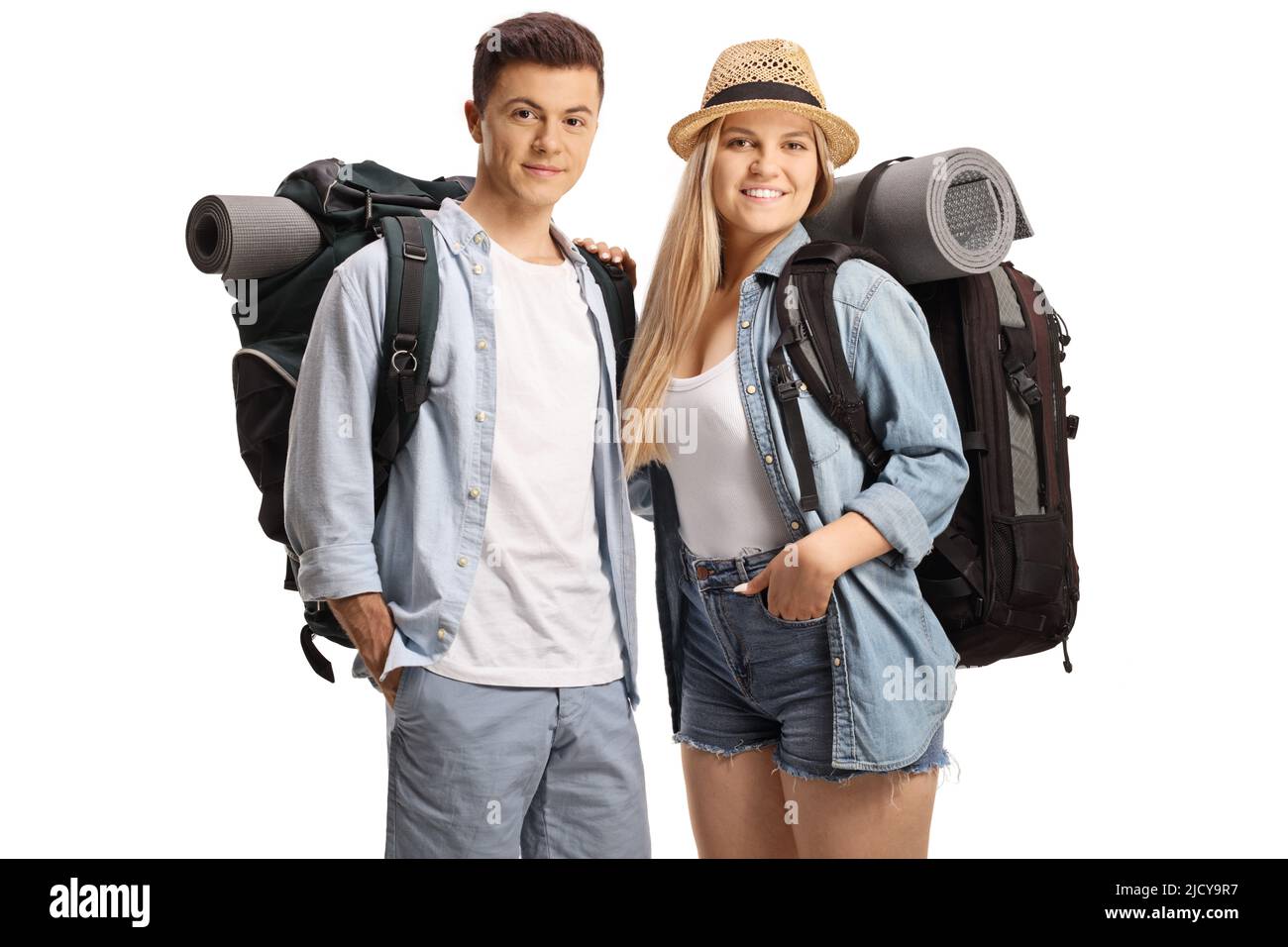 Happy young male and female backpackers isolated on white background ...