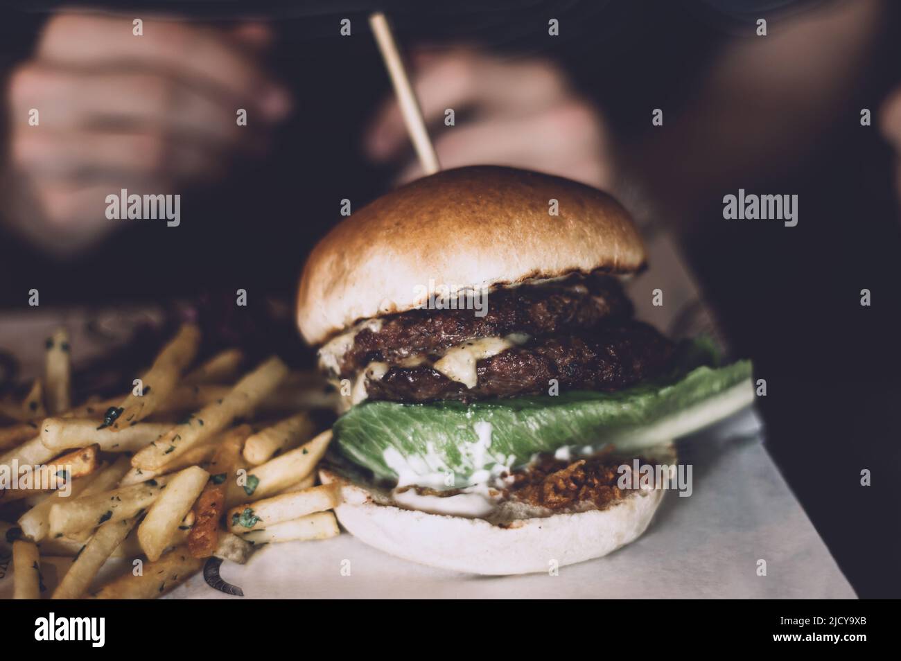 Beef Burger and Chips Stock Photo - Alamy