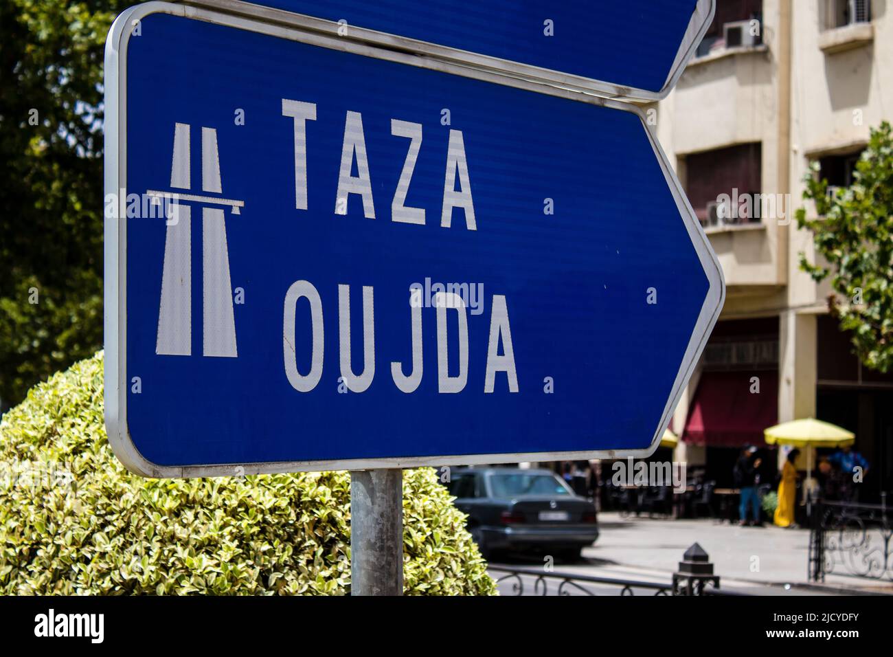 Fez, Morocco - June 16, 2022 Road sign erected at the side of or above ...