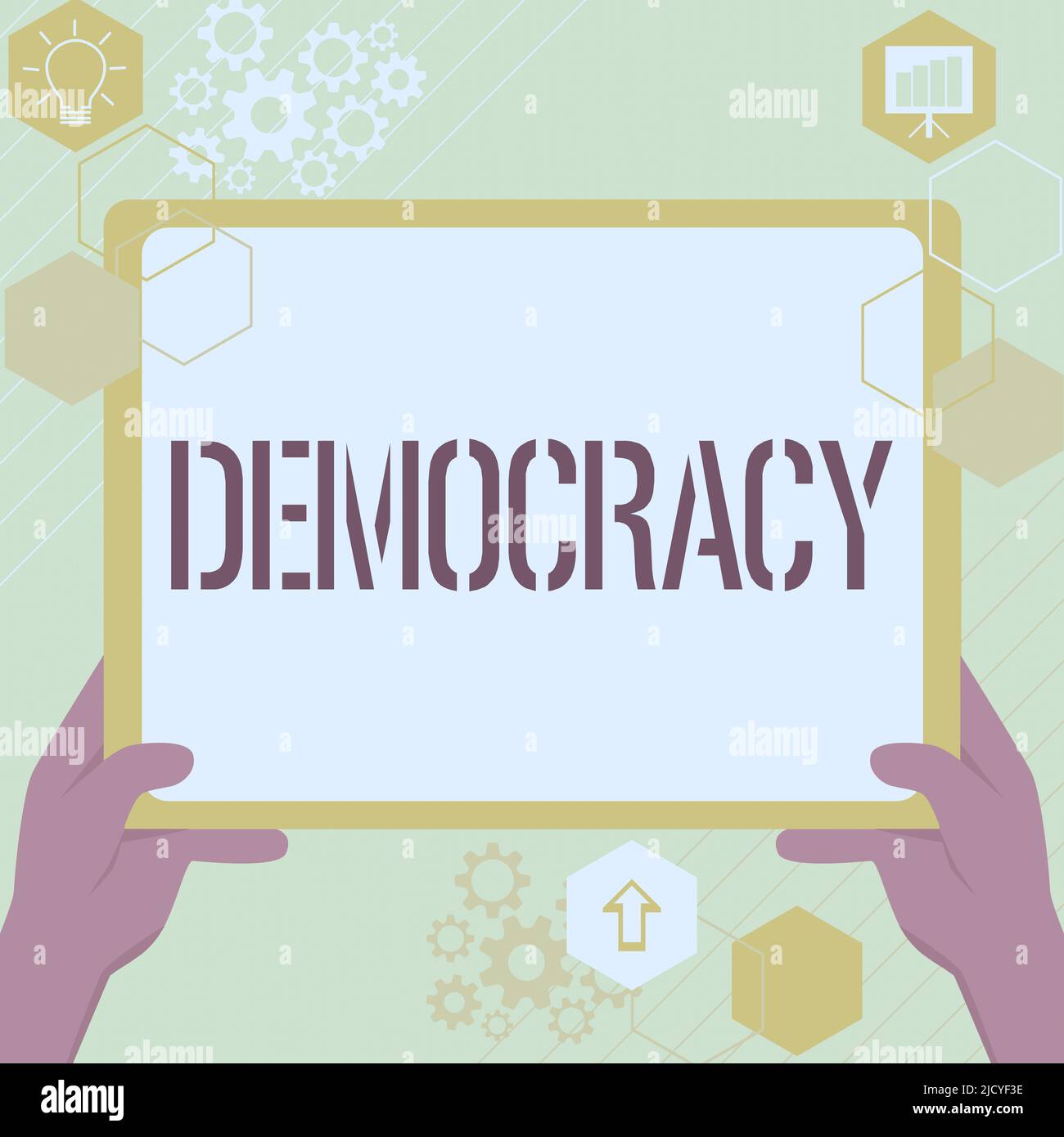 Text caption presenting Democracy, Word for freedom of the showing to ...