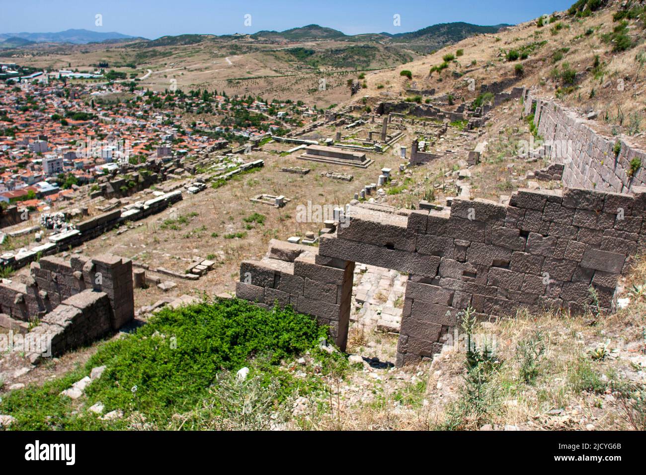 Bergama Acropolis. Temple of Trajan and archways in the ruins of the ...