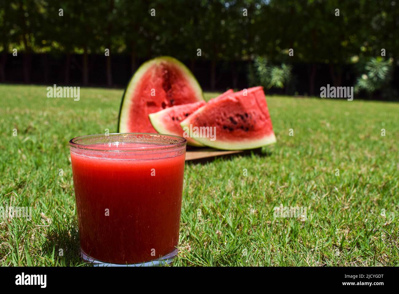 Watermelon juice drink with freshly cut water melon fruit served in ...