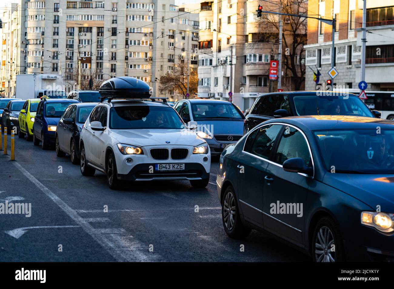 Car traffic, pollution, traffic jam in the morning and evening in the ...