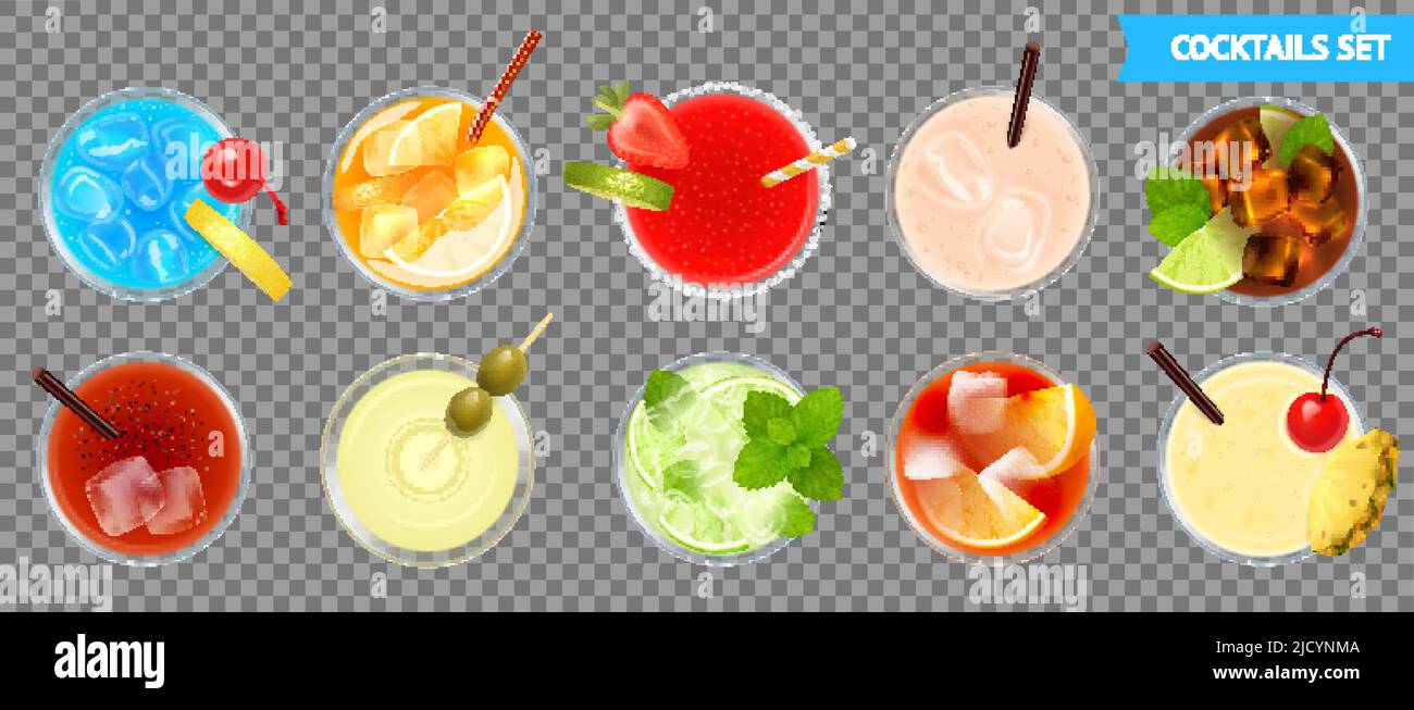 Cocktails top view transparent set with fruit realistic isolated vector ...