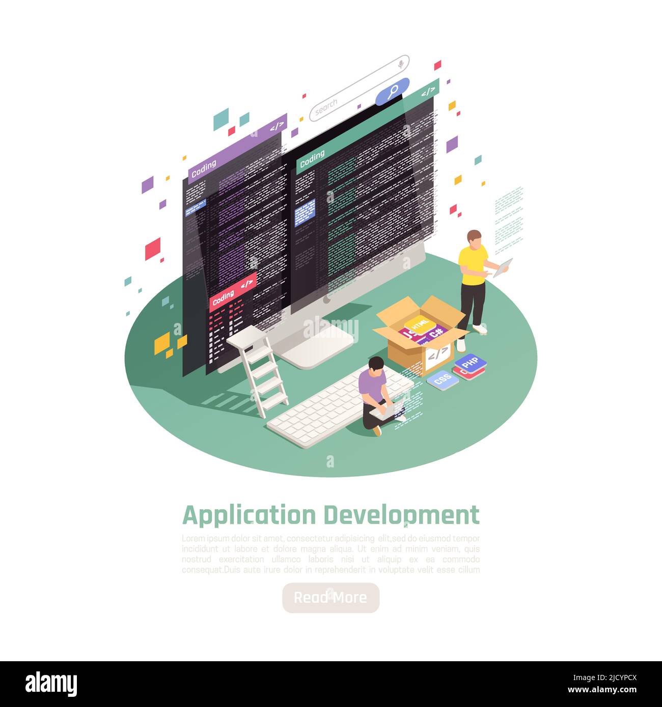 Application development isometric background composition with small people characters computer ...