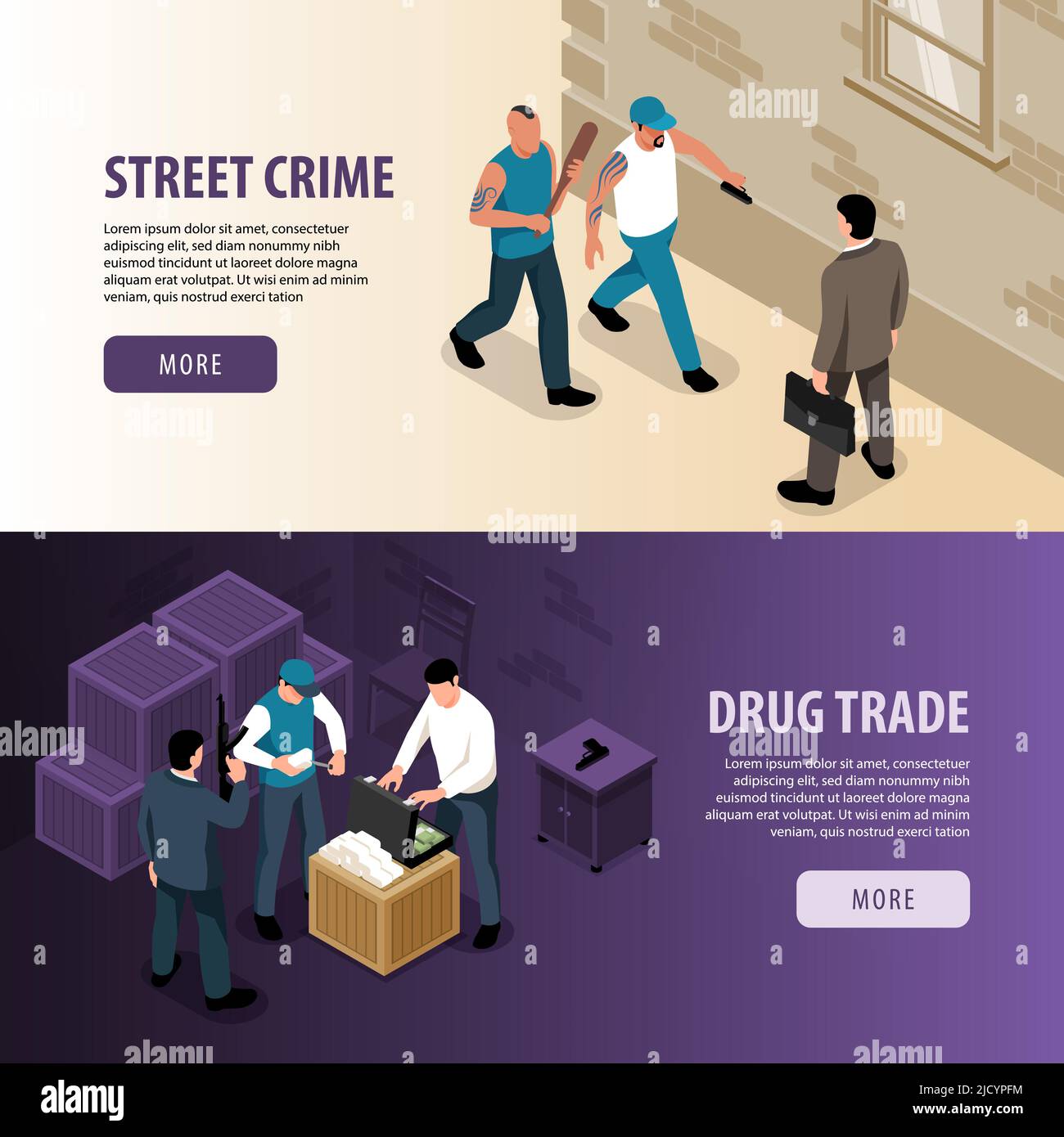 Set of two horizontal isometric criminal banners with buttons text and ...