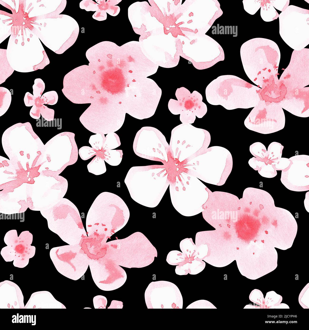 Seamless sakura pattern. Watercolor illustration. Isolated on a black ...