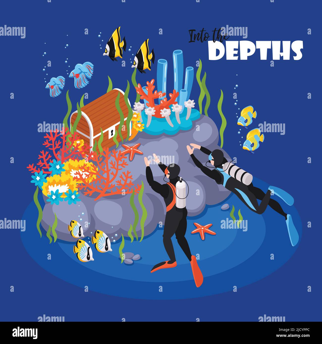 Deep scuba diving adventure isometric composition of ocean bottom with ...