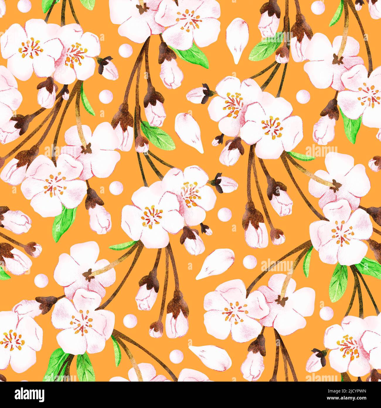 Seamless sakura pattern. Watercolor illustration. Isolated on a mustard ...