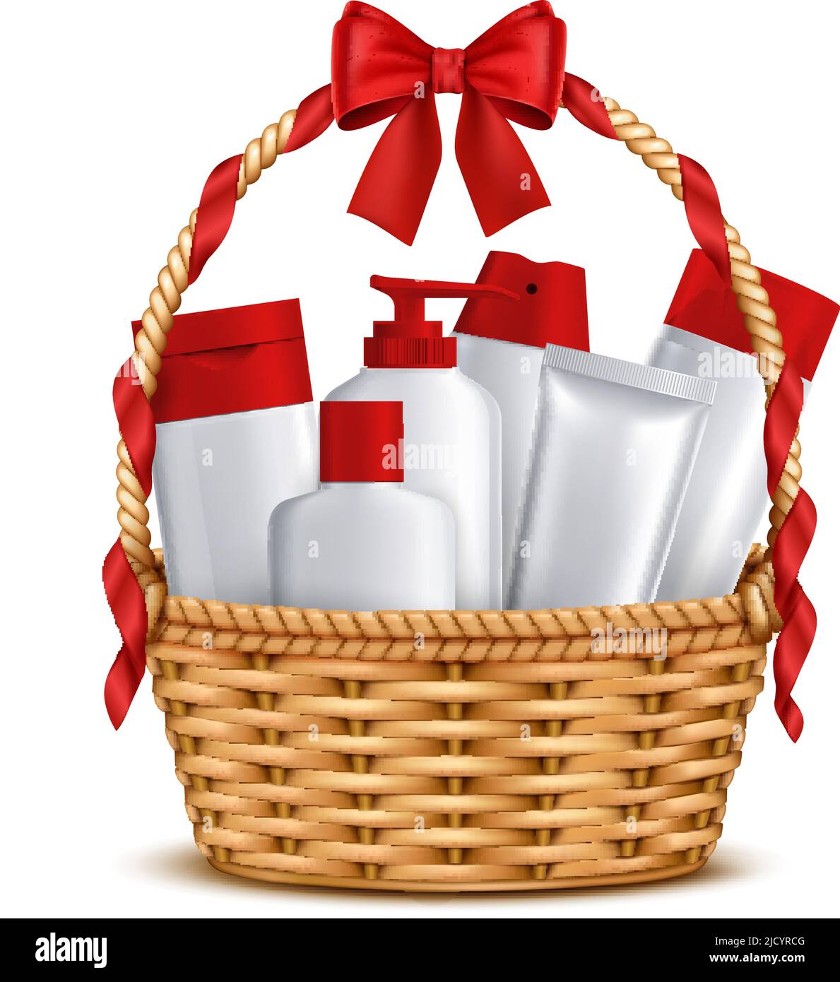 Luxury cosmetics gift red bow decorated wicker basket with beauty ...