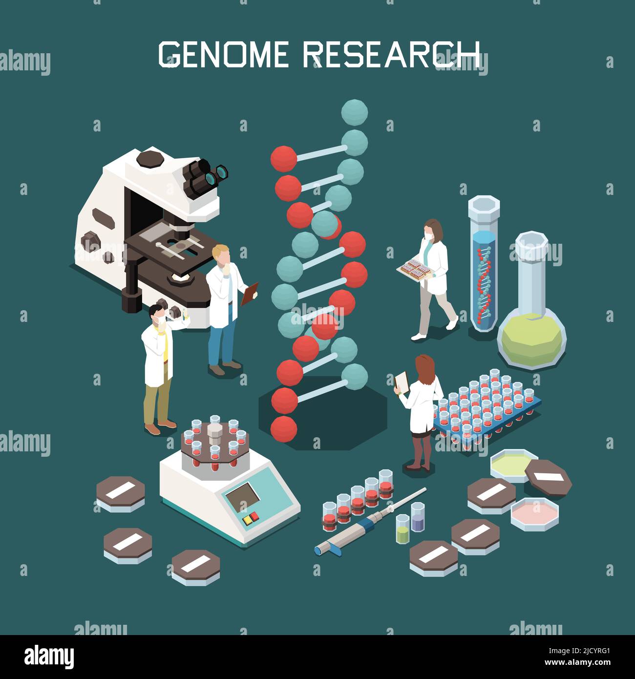 Genetics isometric composition with laboratory equipment and scientists ...