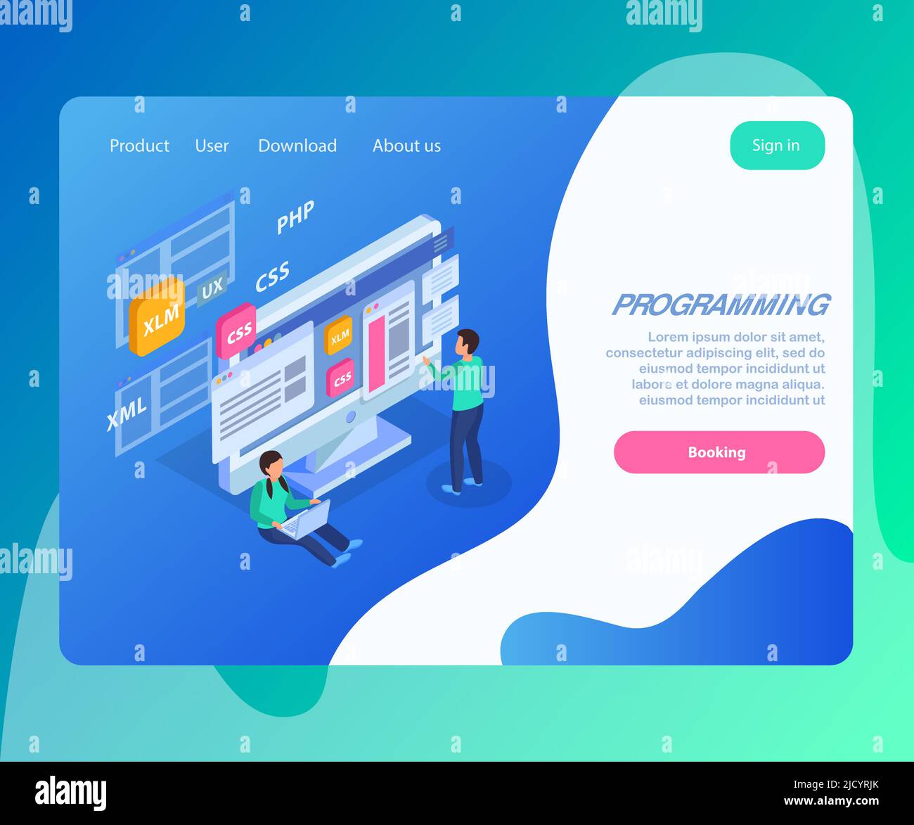 Web development isometric concept landing page with clickable text links buttons and conceptual ...