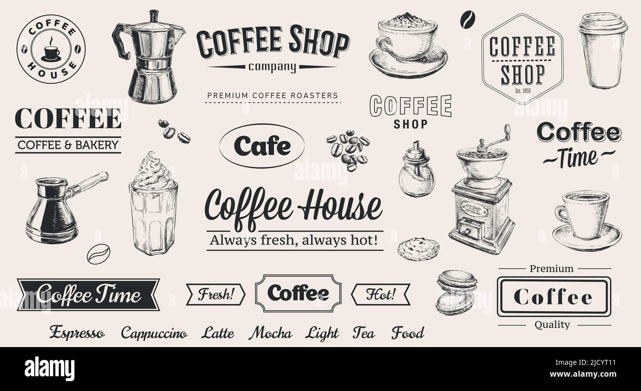 Hand Drawn Set Coffee Vector illustration. Cafe. Logo. Template Stock ...