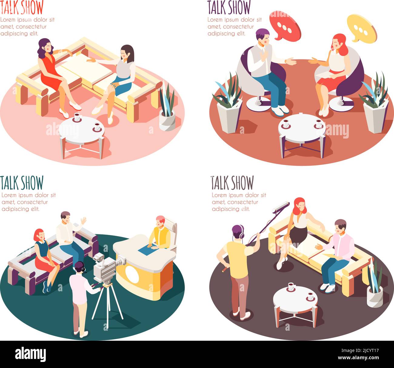 Colorful isometric 2x2 design concept with talk show shooting ...