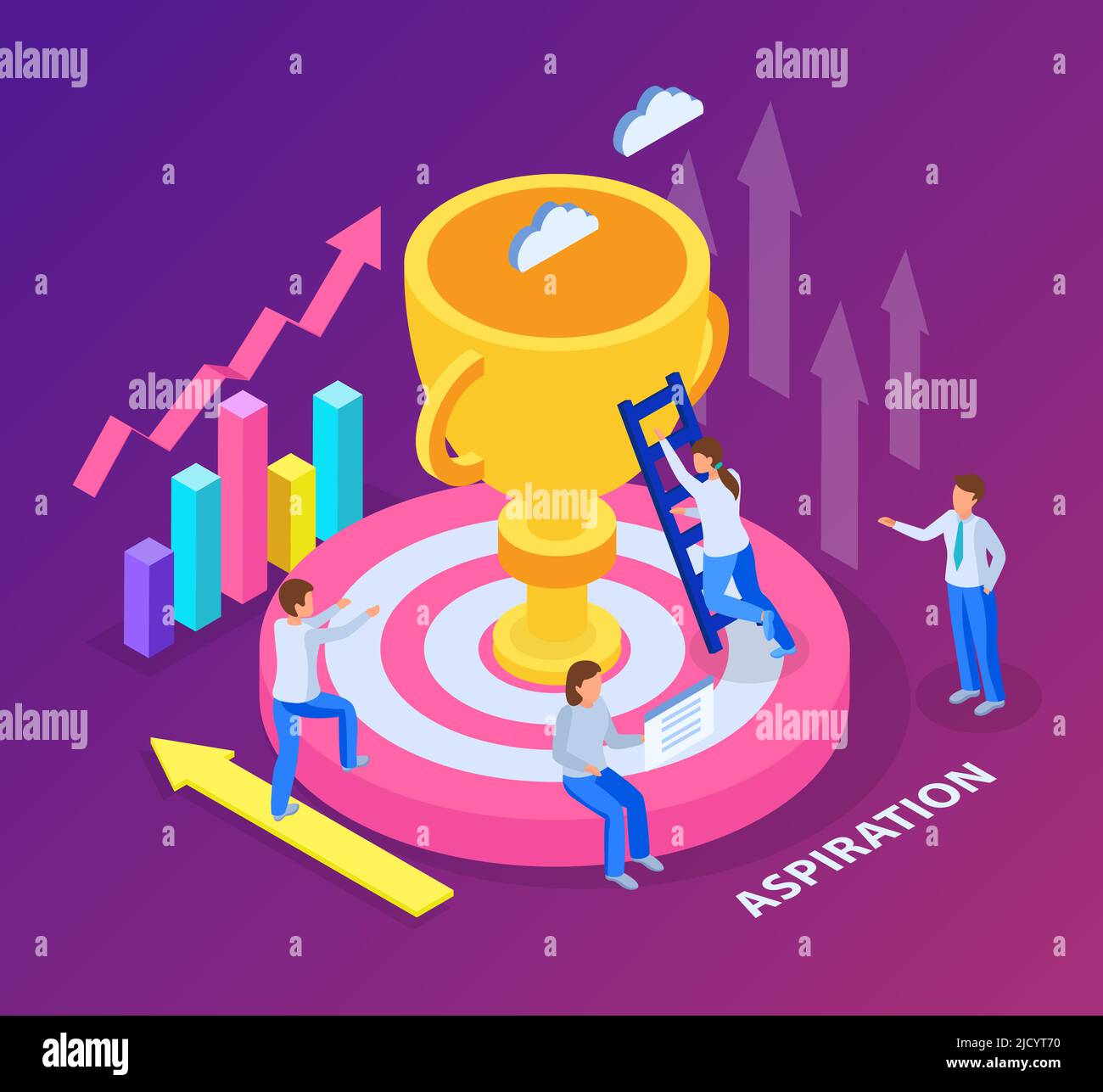 Run to goal isometric composition with four people fight for a trophy ...