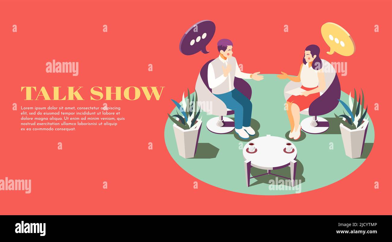 Two people at talk show composition on red background 3d isometric ...