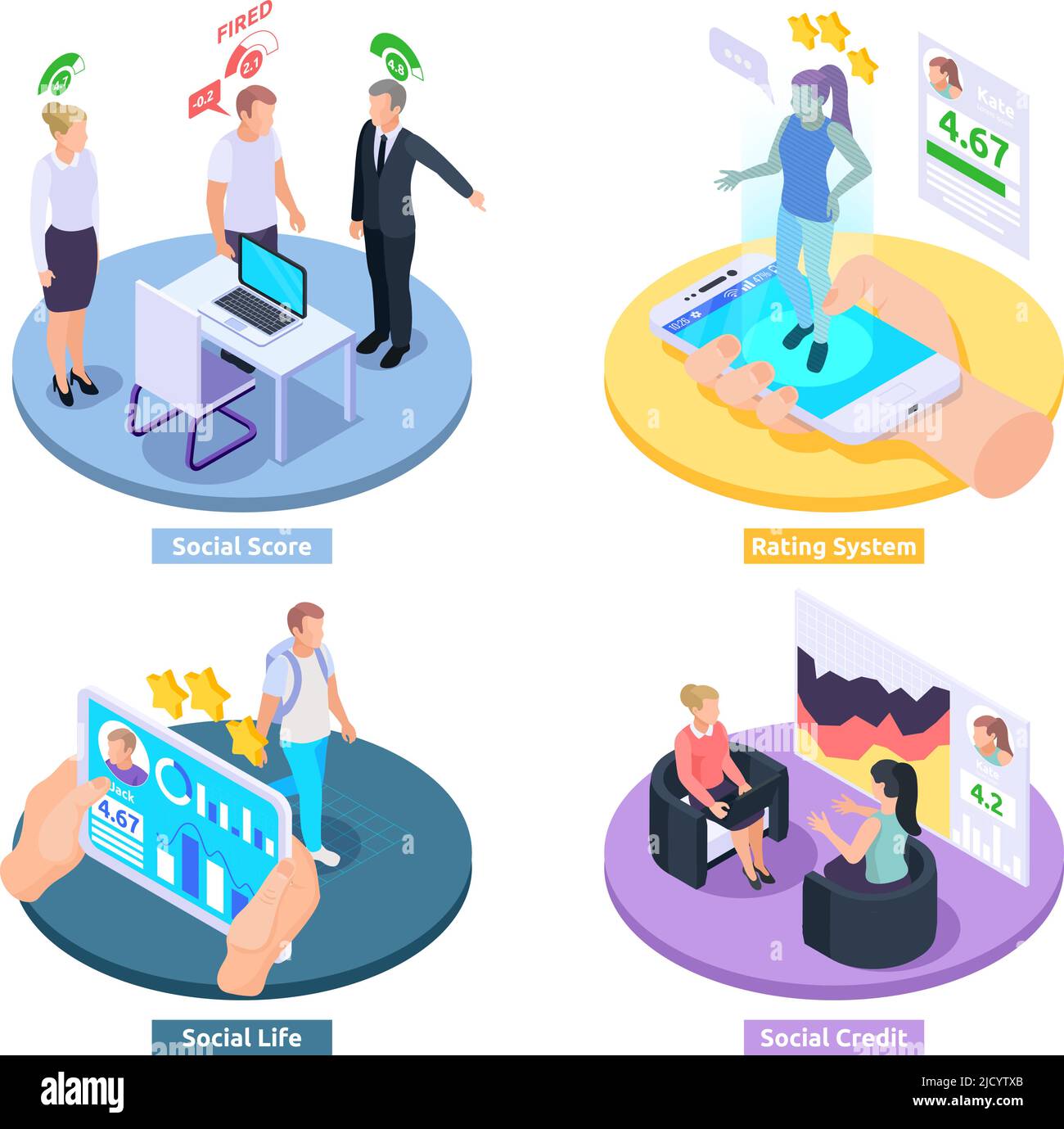 Social credit score system isometric 2x2 design concept with ...