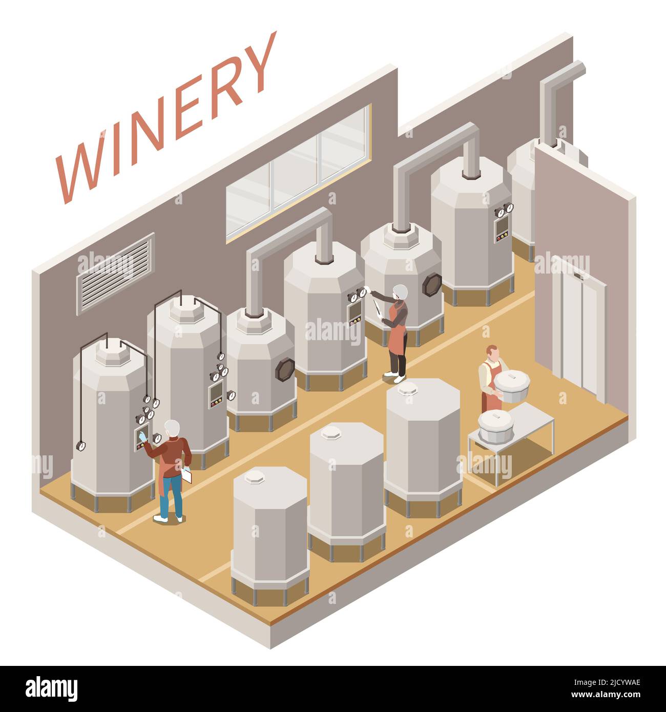 Isometric composition with wine production process on white background ...