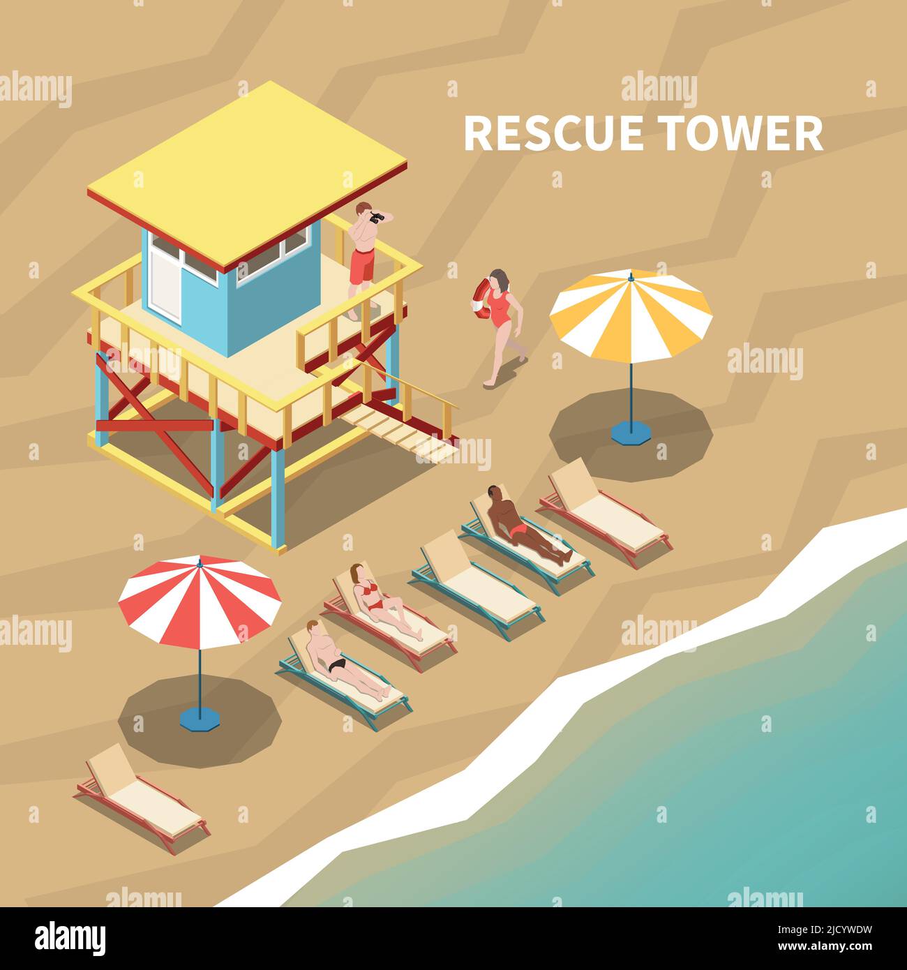 Lifeguard on rescue tower and people on beach 3d isometric vector ...
