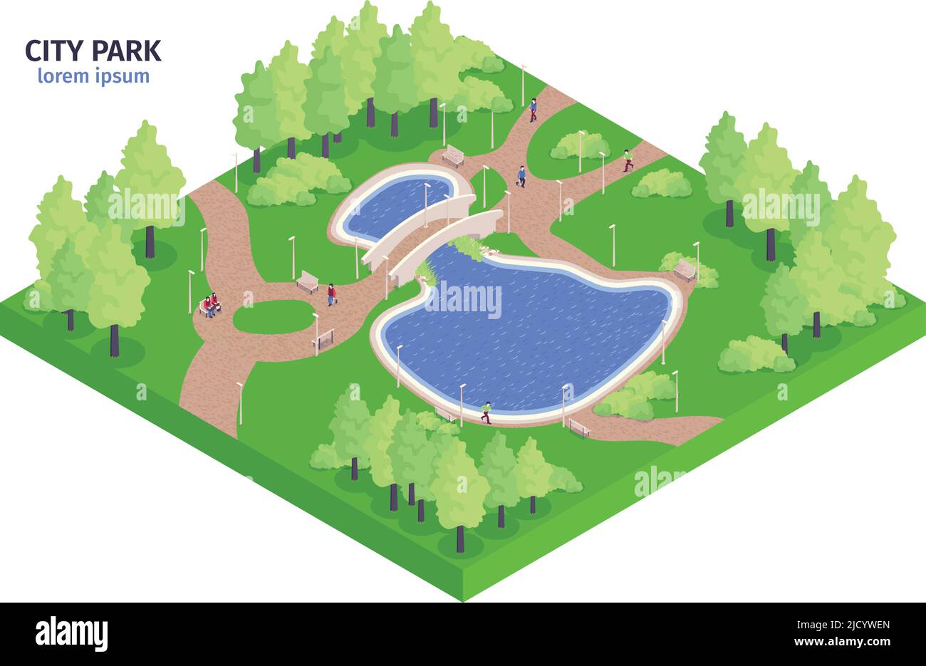 Isometric city park composition with forest river and benches a place ...