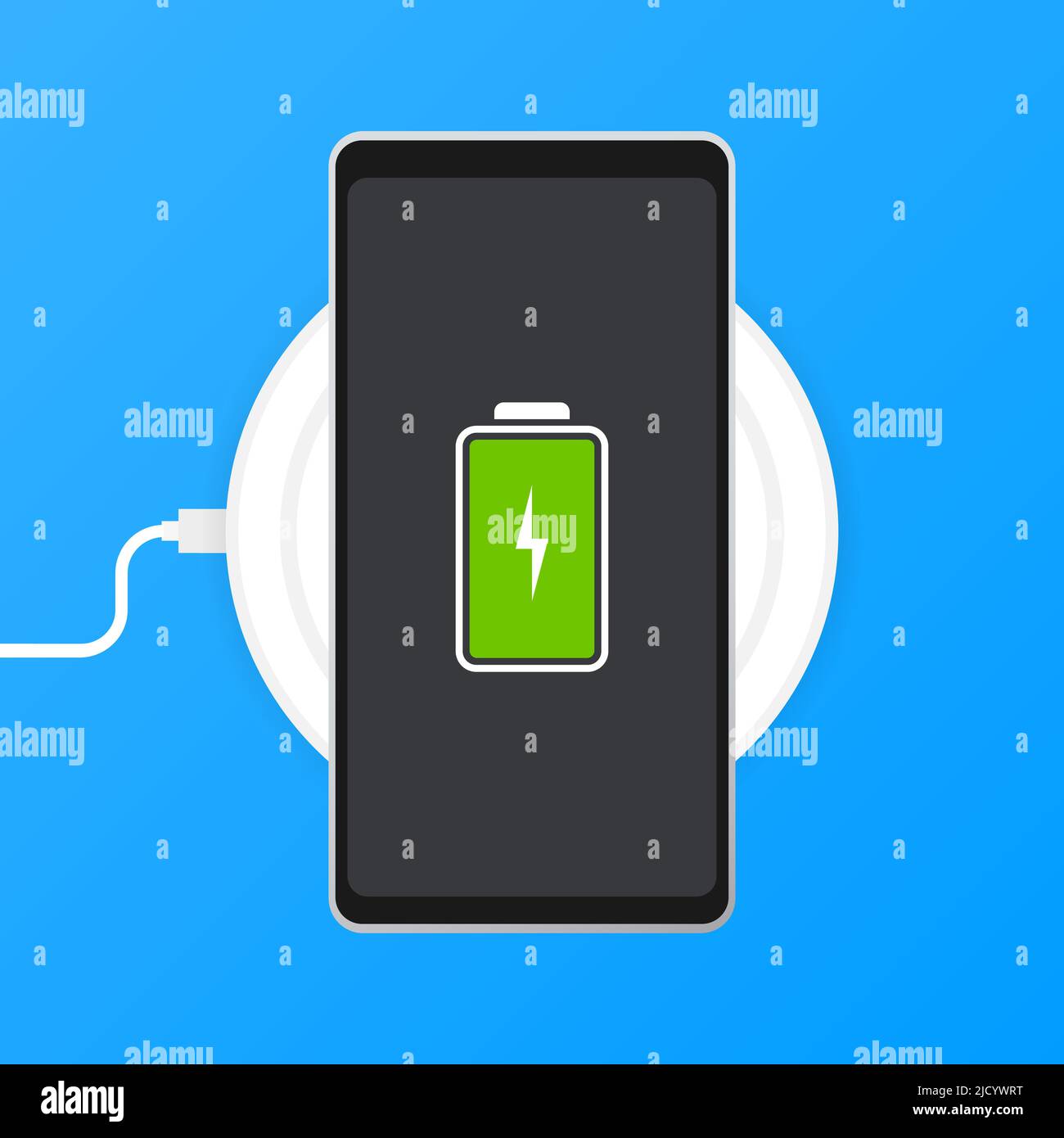 Phone charging, flat icon isolated on a blue background. Concept ...
