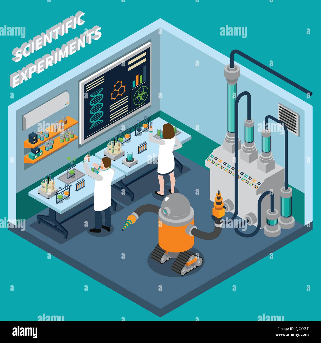 Two scientists working in laboratory with robot and various equipment ...