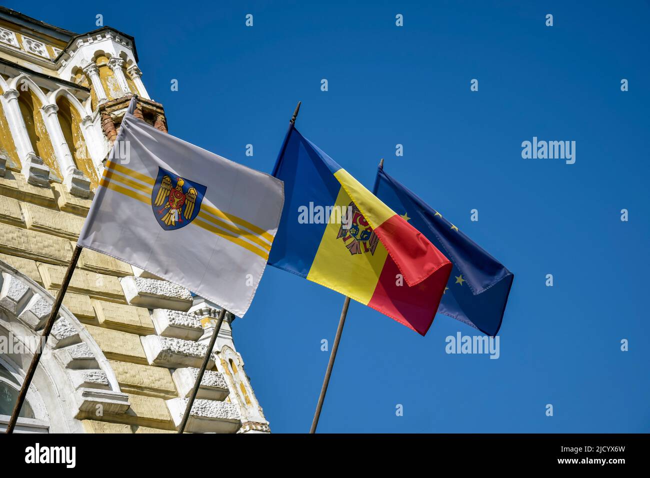 Flags of Moldova, European Union and city of Chisinau are fixed on ...