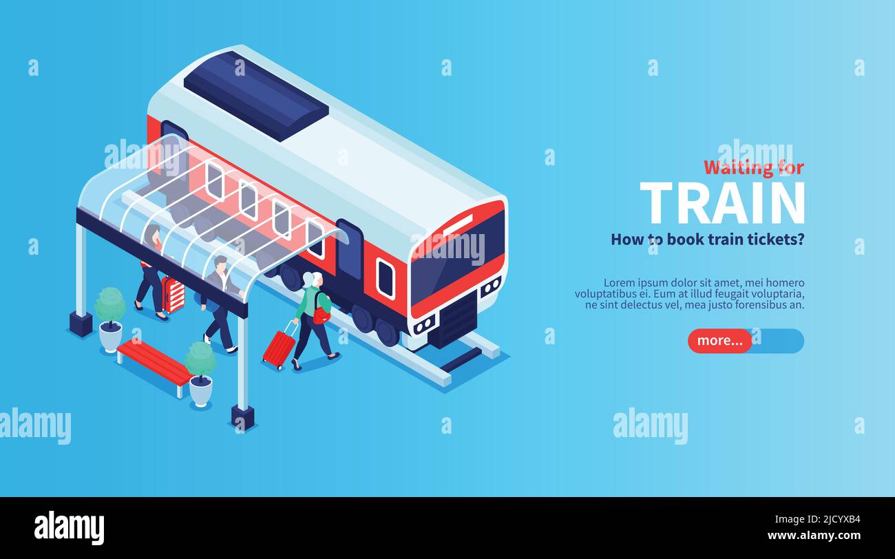 Isometric railway station horizontal banner with shelter shed ...