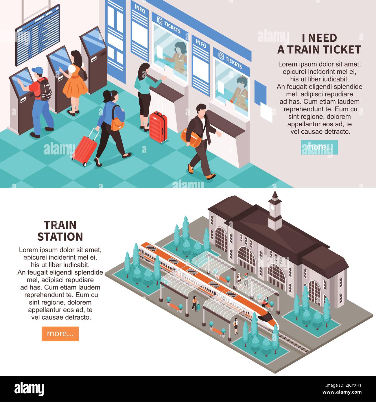 Set of two isometric railway station horizontal banners with text ...