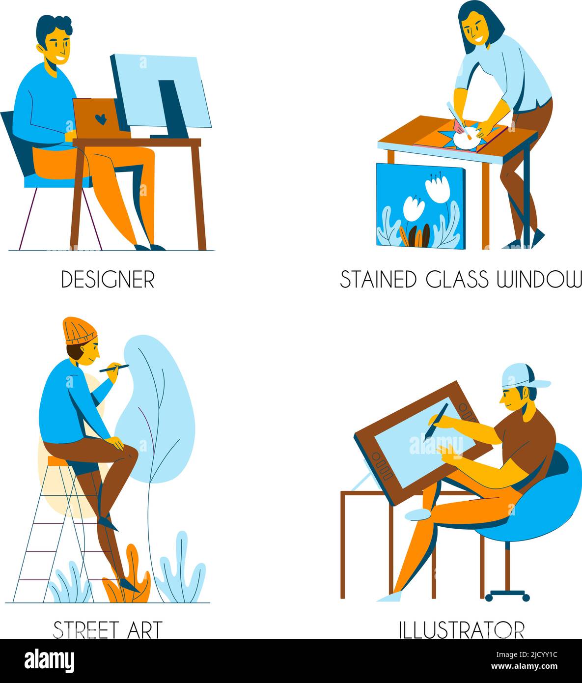 Creative professions 2x2 design concept with designer illustrator ...