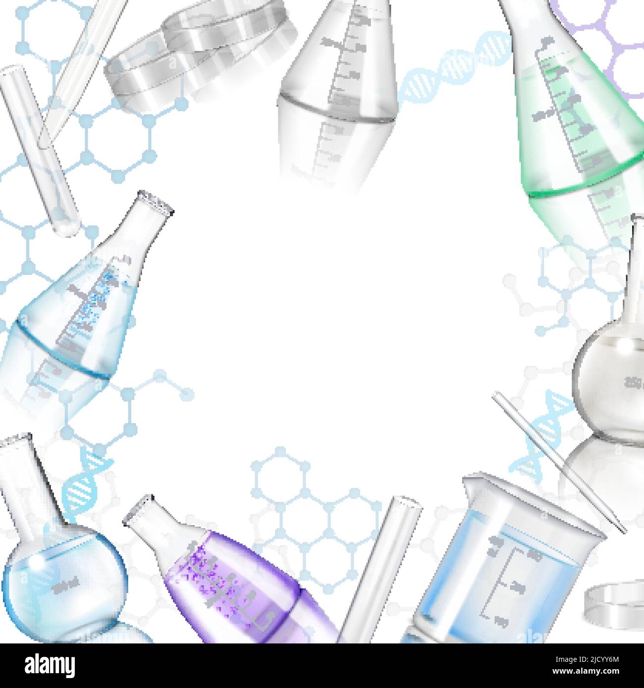 Laboratory glassware realistic background with frame from flasks test ...
