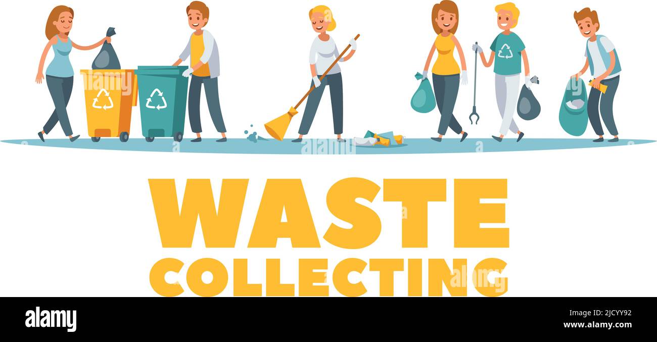 Garbage collecting flat horizontal composition banner with volunteers ...