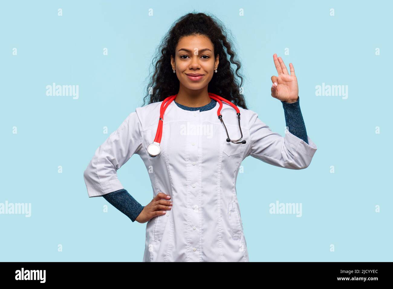 African American Female Doctor Medical Employee Shows Approval Sign, Ok ...