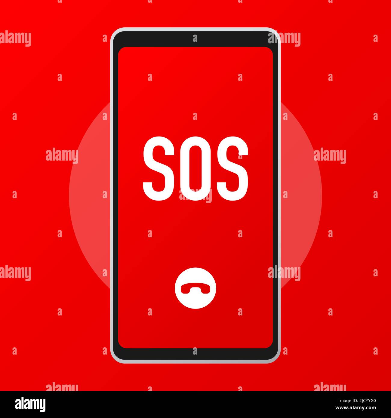 SOS lettering in a phone icon isolated on white background. Warning ...