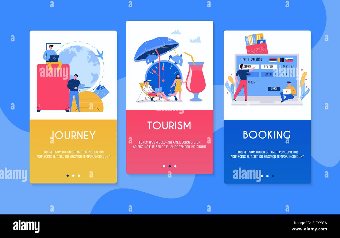 Colorful vertical tourism banners set with tourists tickets passport ...